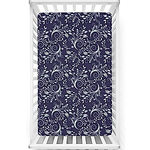 Royal Blue Themed Fitted Mini Crib Sheets,Portable Mini Crib Sheets Soft and Breathable Bed Sheets-Baby Sheet for Boys Girls,24“ x38“,Indigo White