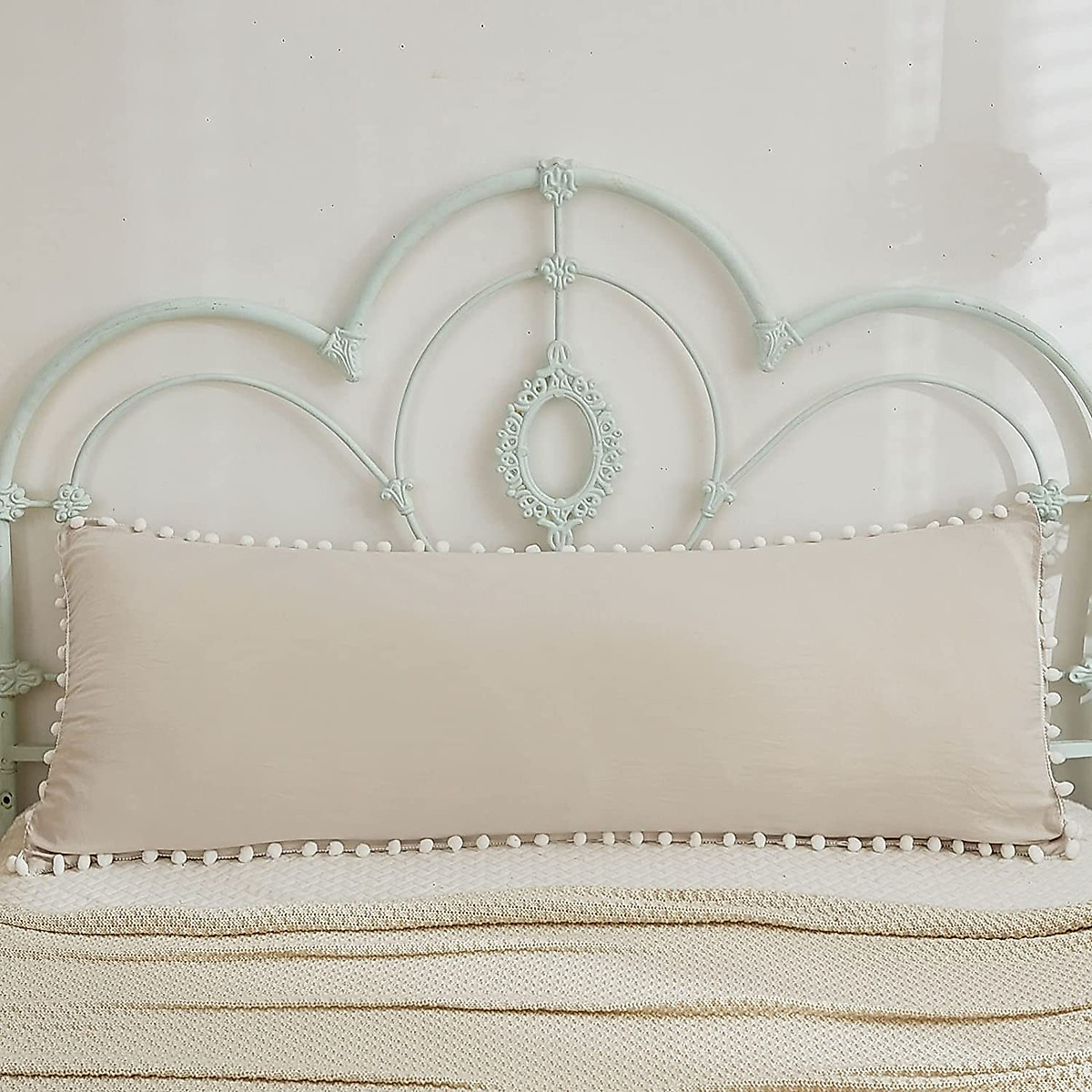 Bedbay White Body Pillow Pillowcases,Pom Pom Pillow Cases,Ball Fringe Cute Bed Pillowcases,Soft Microfiber Beige Long Pillow for Bed,Decorative Pompom Trim Body Pillow Covers for Girls Teen Adults