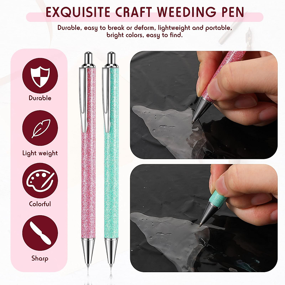 2 Pieces Weeding Pen Vinyl Pen Pin Weeding Tool Fine Point Weeding Tool Glitter Metal Vinyl Air Release or Car Puncturing Installation Retractable Craft Vinyl Tool for DIY (Green, Pink)