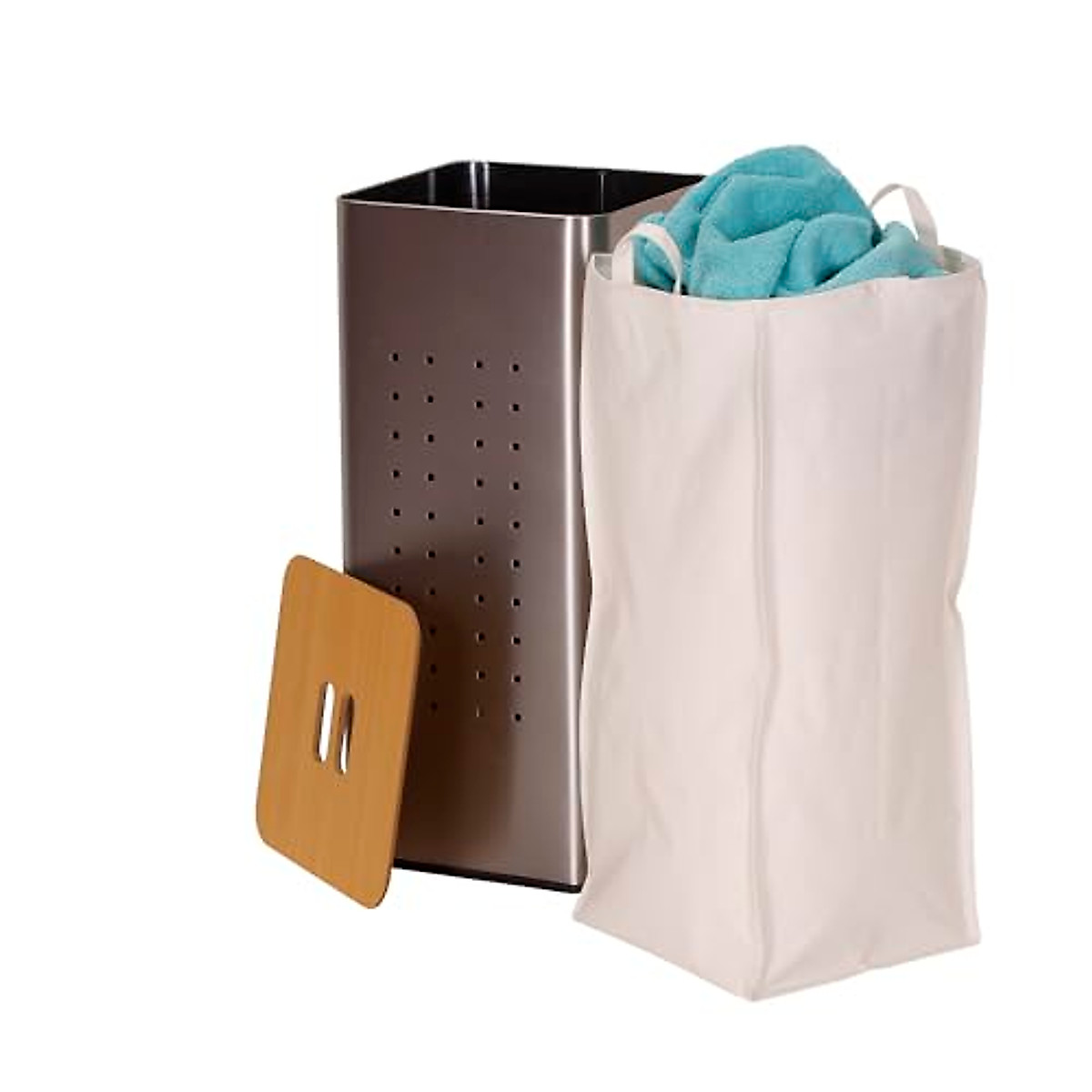 Household Essentials 7080-1 Square Metal Laundry Hamper -Removable Liner Bag and Wood Lid - Stainless Steel