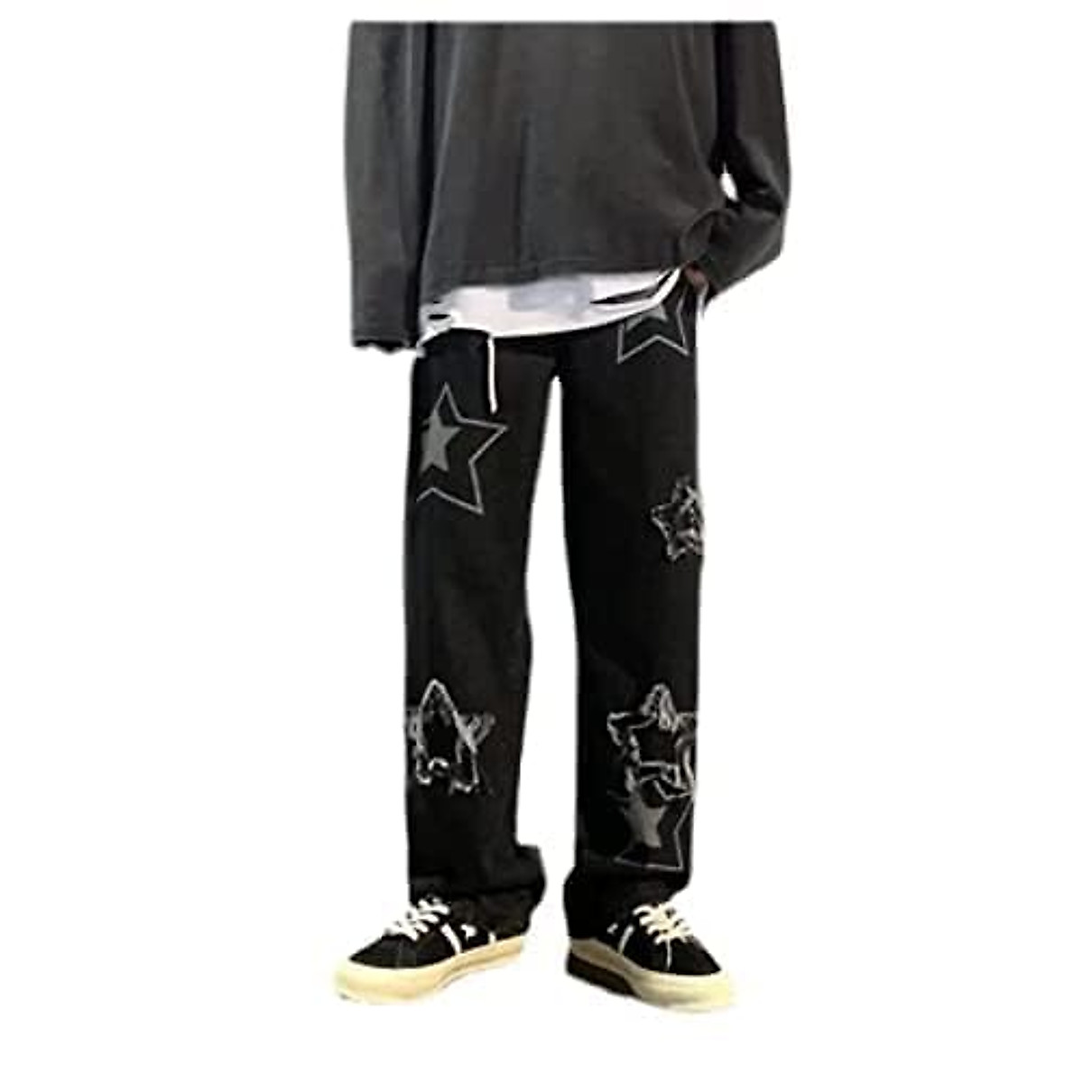 Vintage Men's Korean Denim Pants Y2K Cltohes Streetwear Printed Patchwork Male Baggy Jeans Straight Trousers (Black,2XL,XX-Large)