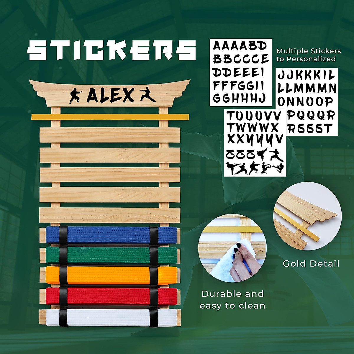 Quasar-Una Belt Holder Customizable Karate Belt Display Rack | Elevate Your Martial Arts Legacy with Premium Wood Shelf | Flaunt 10 Belts in Style with ultime Stickers Customization.