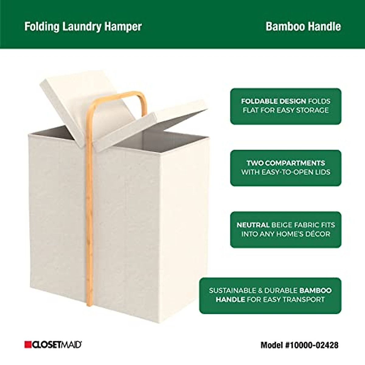 ClosetMaid Laundry Hamper Basket, Foldable with Lid, Two Compartments, Bamboo Handle, Portable, Collapsible Design, Freestanding, Beige