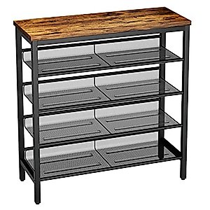 IBUYKE Industrial Shoe Rack, 5-Tier Shoe Organizer with 4 Metal Mesh Shelves, Unit Flat & Slant Adjustable Shoe Storage for 16 Pairs, for Entryway, Hallway, Bedroom, Closet, Rustic Brown, UTMJ083H