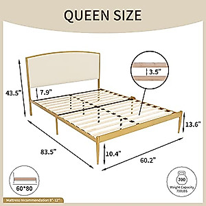 YUHUASHI Platform Metal Bed Frame, Simple Design, Linen-Covered Curved headboard, Metal Frame and Foot, Easy to Assemble and noiseless (Beige & Gold, Queen)