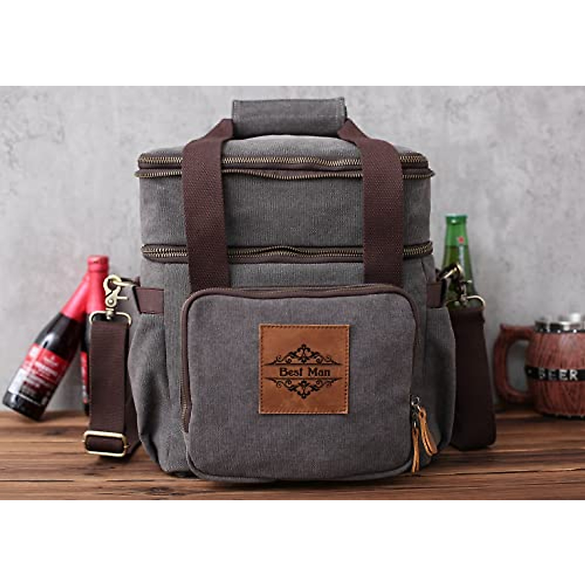 Personalized Cooler Bag, Groomsmen Gift Cooler, Insulated Double Compartment Lunch Cooler Bag, Reusable Lunch Box for Office Work Picnic Beach, Grey