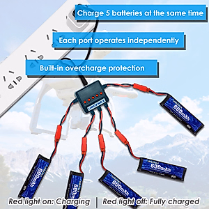 URGENEX 3.7v Lipo Battery 600mAh with JST Plug 1S Li-Po Battery with X5 Battery Charger for UDI U817 U817A V959 V222 V929 RC Drone Quadcopter 5PCS Aircraft Batteries
