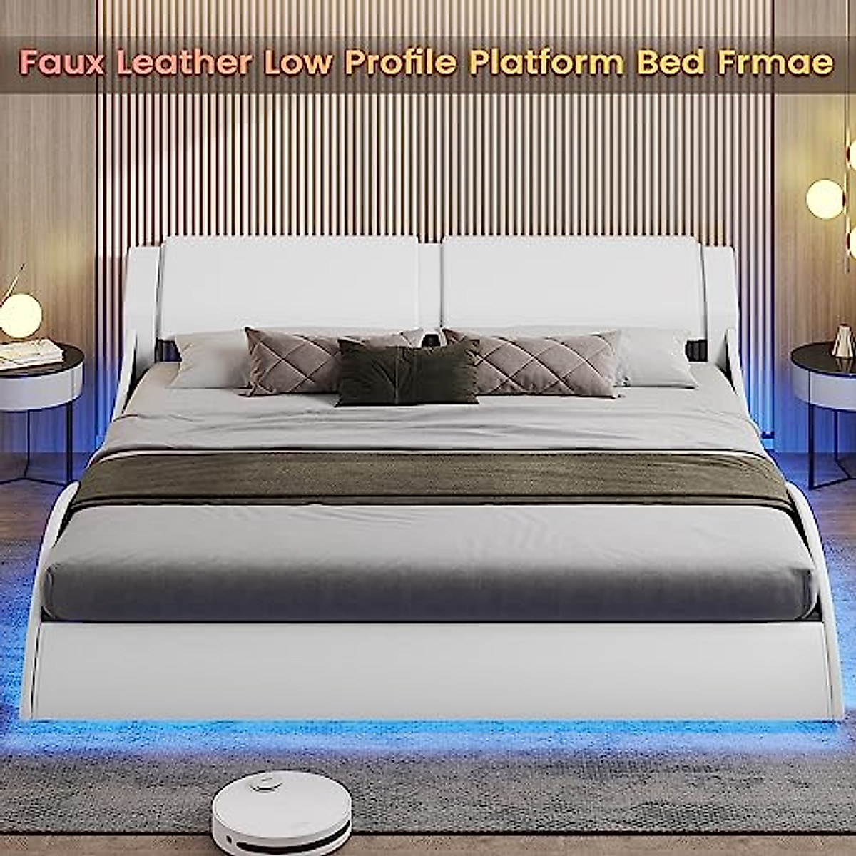 DICTAC King Size Bed Frame with LED Lights Modern King Led Bed Frame with Upholstered Headboard Faux Leather Low Profile Platform Bed Frame Wave Like Curve Bed Frame,No Box Spring Needed,White
