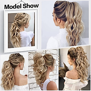 CHRSHN Wavy Ponytail Extension Wrap Around Hair Extensions Bleach Mix Ash Blonde 20 inch