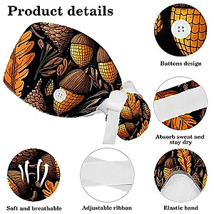 Thanksgiving Acorn Working Cap with Button Sweatband Adjustable Tie Back Bouffant Hats with Scrunchie