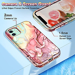CASEFIV Compatible with iPhone 11 Case,Marble Pattern 3 in 1 Heavy Duty Shockproof Full Body Rugged Hard PC+Soft Silicone Drop Protective Women Girls Cover for iPhone 11 6.1 inch, Rose Gold
