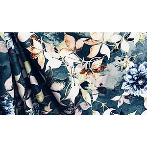 Decora Furnishings Soft and Thick Luxurious Velvet Fabric Digitally Printed Floral Design Upholstery Material for Sofa Cushion Chair Cover Craft - Width 54 inches - Fabric by The Yard (Aegean Blue)