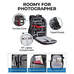 BAGSMART Camera Bag, DSLR SLR Camera Backpack Fits 13.3 Inch Laptop, Anti-theft Photography Backpacks with Rain Cover Tripod Holder, Grey