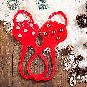 1 Pair Non Slip Gripper Spikes Claw Universal Ice Non Slip Shoe Spikes with 5 Tooth Steel Nails for Hiking Mountaineering Skiing Walking Shoes and Boots (Red)