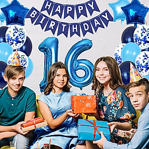 16 Birthday Decorations, Blue 16th Birthday Decorations Girls Boys Party Supplies, Happy 16th Birthday Balloons with Foil Fringe Curtains for Woman Men Birthday Party (16th)