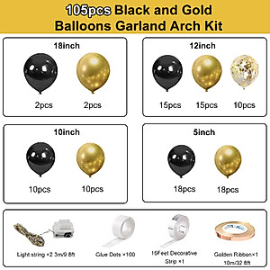 Black and Gold Balloons Garland Arch Kit with LED String Light, Black Gold Confetti Latex Balloons Cheers to Birthday Decorations Anniversary Retirement Graduation Party Decorations