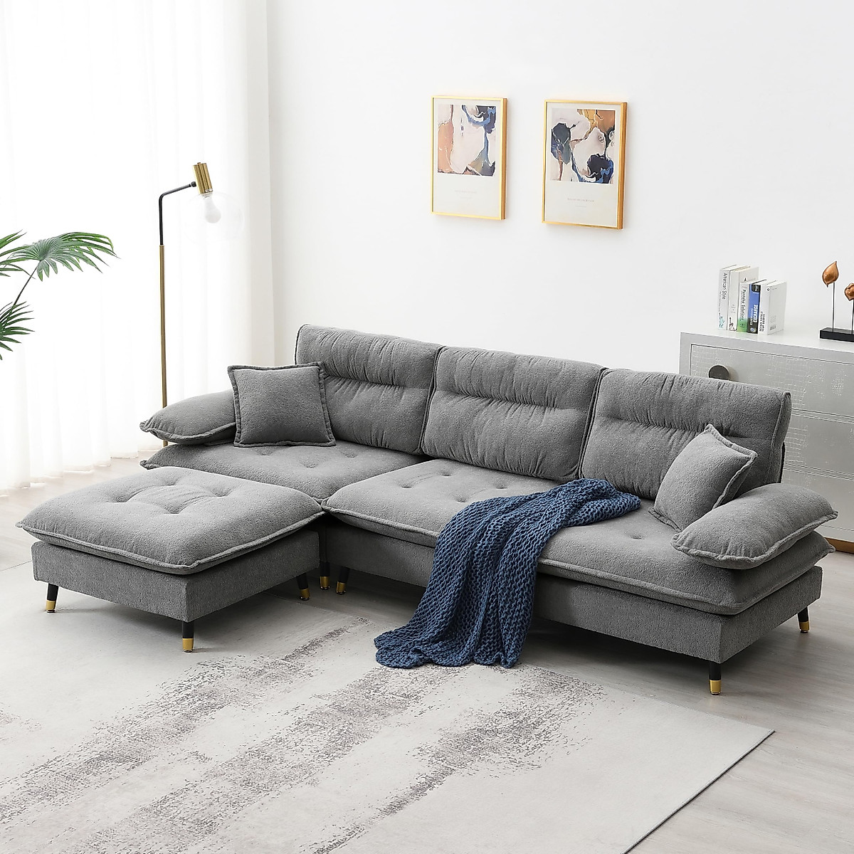 LUSPAZ L Shaped Convertible Sectional Sofa Set, Cloud Chenille Fabric 4 Seat Tufted Couch with Movable Ottoman and Two-Tone Adjust Legs,Grey