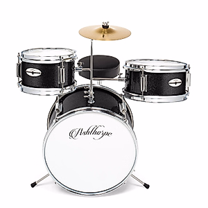 Ashthorpe 3-Piece Complete Drum Set - Beginner Kit with 14" Bass, Adjustable Throne, Cymbal, Pedal & Drumsticks - Black