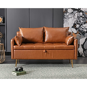Kmax PU Leather Loveseat Sofa Chair Storage 52” Upholstered Couch Sofa with 4 Pillows Golden Legs for Living Room Small Space, Apartment, Bedroom, Dorm- Brown