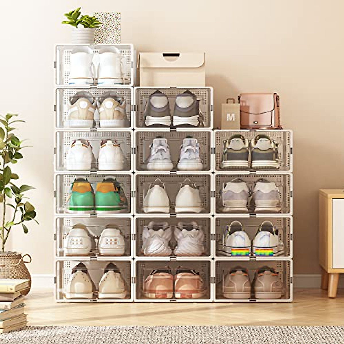 Fixwal 15 Pack Large Capacity Shoe Organizer Storage Boxes Foldable Shoe Storage Containers Clear Plastic Stackable Shoe Storage Bins for Closet, Space Saving