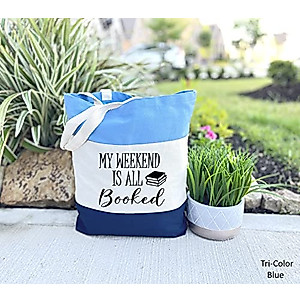 H3GRUP Book Lover Tote Bag Gift My Weekend is all Booked Funny Bibliophile Gift Library Bag Librarian Gift, Gift for Teacher (Tri-Color Blue, 15" L x 15" H x 3" D)