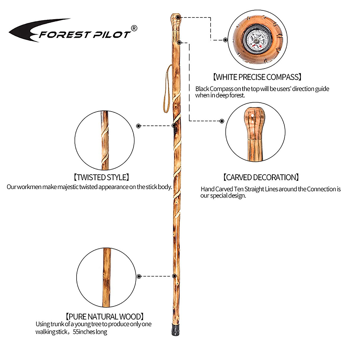 FOREST PILOT Big Ball Head Twisted Style Wooden Walking Stick for Hiking with Compass (Nature Color, 48 Inches, One Piece)