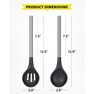 2 Pcs Silicone Cooking Spoons, Solid and Slotted Spoon Set, Non-Stick BPA Free Heat-Resistant Basting Stainless Steel Handle Kitchenware for Cooking, Soup, Serving, Draining, Stirring (black)