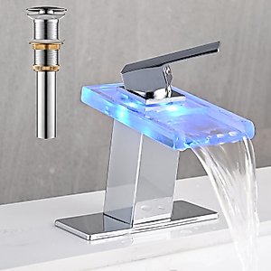 AVSIILE LED Bathroom Sink Faucet, Chrome Waterfall Single Hole Handle Vanity Faucets for Sinks 1 Hole with Metal Pop Up Drain and 2 Water Supply Lines, Open Glass Spout
