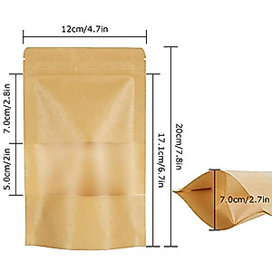 100 Pack 4.7 x 7.8 Inch Stand Up Kraft Bags with Clear Window, Stand Up Ziplock Seal Paper Bag Pouch Bags, Resealable Large Food Storage Pouch Bags, Heat-Sealable and Tear Notch