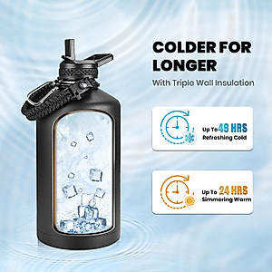 RAYMYLO One Gallon Water Bottle Insulated, Triple Walled Vacuum Stainless Steel (Cold for 48 Hrs), Leak Proof & Non-BPA, Large Water Flask Jug with Paracord Handle & Straw Spout Lids