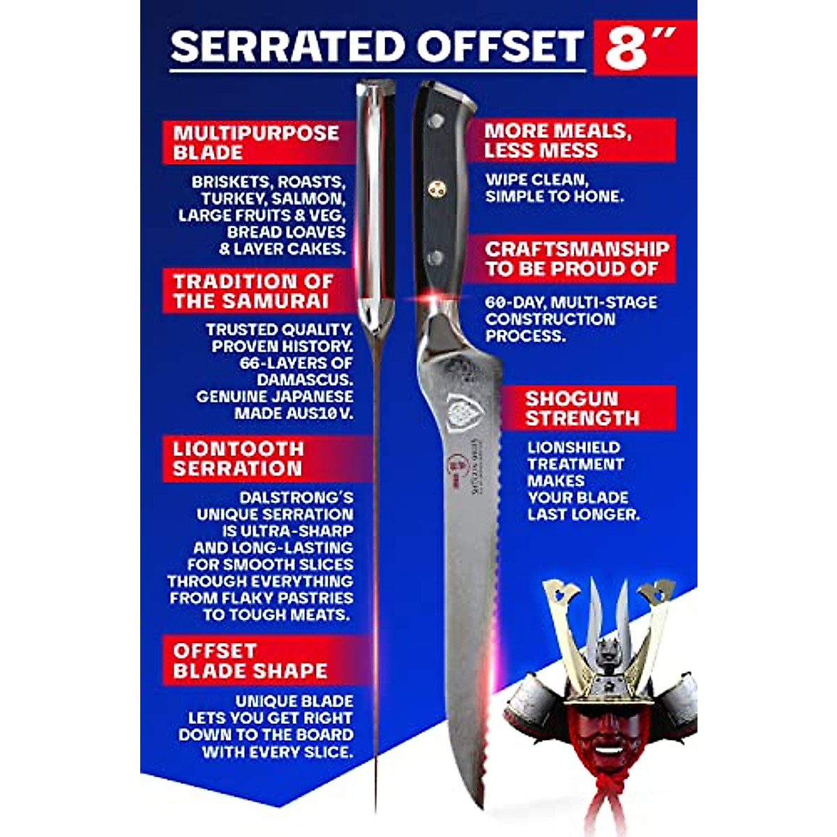 Dalstrong Serrated Offset Bread Knife - 8 inch - Shogun Series - Deli Knife - Damascus - AUS-10V Japanese Super Steel - Bread Slicer Cutter - Slicing Knife - Vacuum Treated - G10 Handle - Sheath