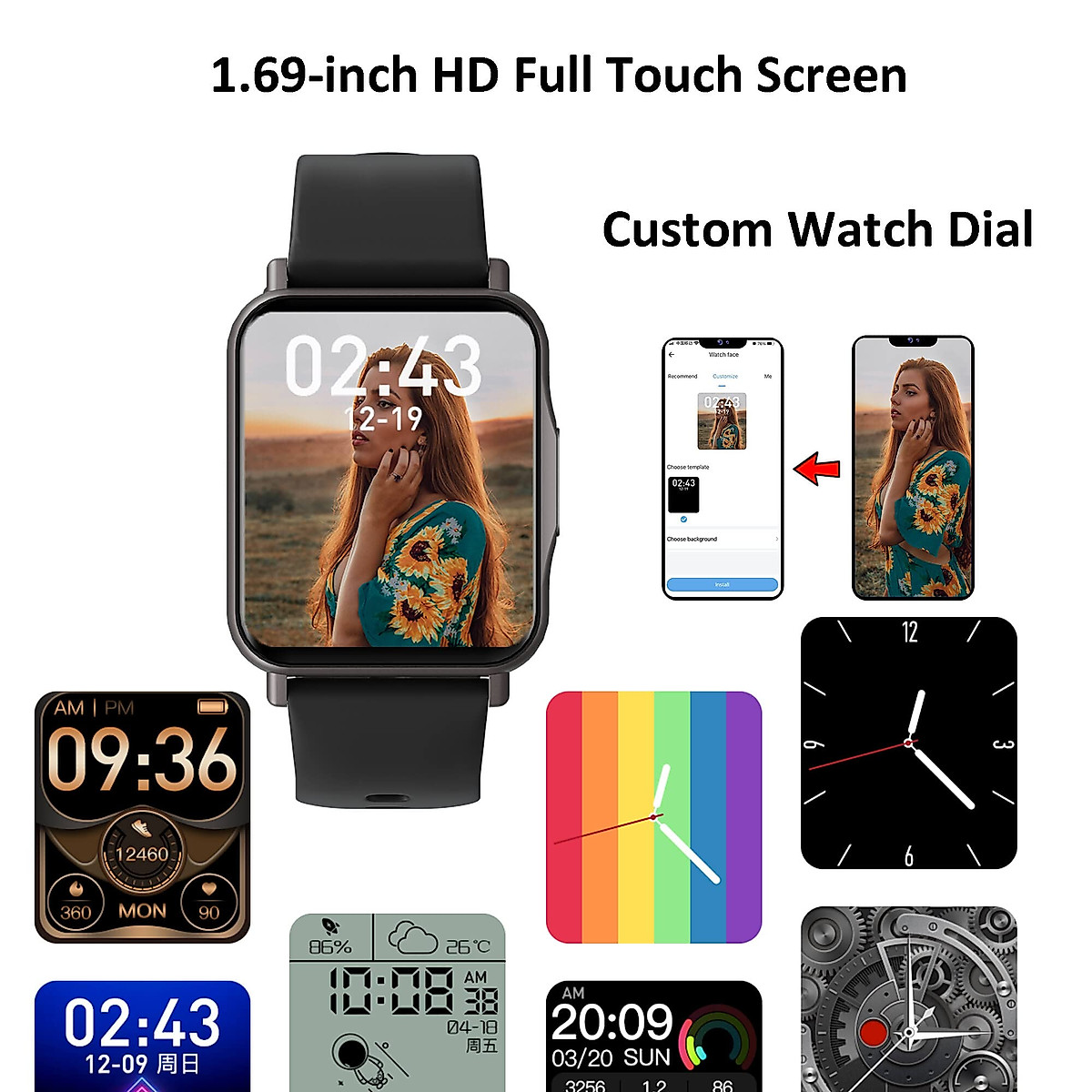 Hongmed Smart Watch, 1.69"(43mm) Fitness Watch with Temperature Blood Pressure Oxygen Monitor for Android Phones and iPhone Compatible, Waterproof Activity Tracker for Men and Women Black