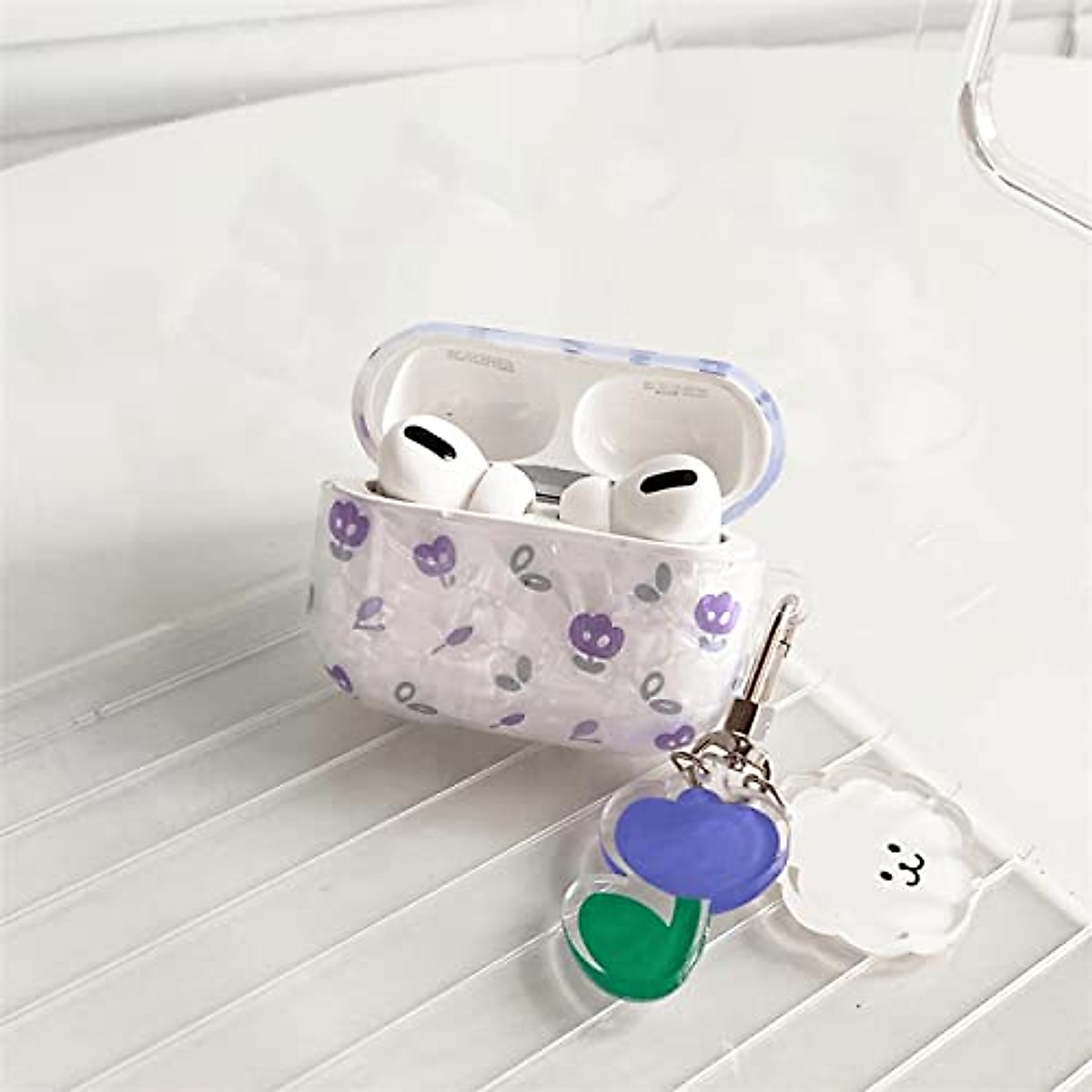 MOLOSLEEVE Airpods Pro Case Cover, Purple Tulip Flower Anti-Slip Scratch Resistant Drop Proof Full Cover Clear Case with Cute Keychain Girls Kids Women Teens for Airpods Pro Charging Case