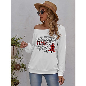 SENFURE Merry Christmas Sweatshirts for Women Christmas Tree Print Long Sleeve Sweatshirt Off the Shoulder Pullover T-Shirt Top