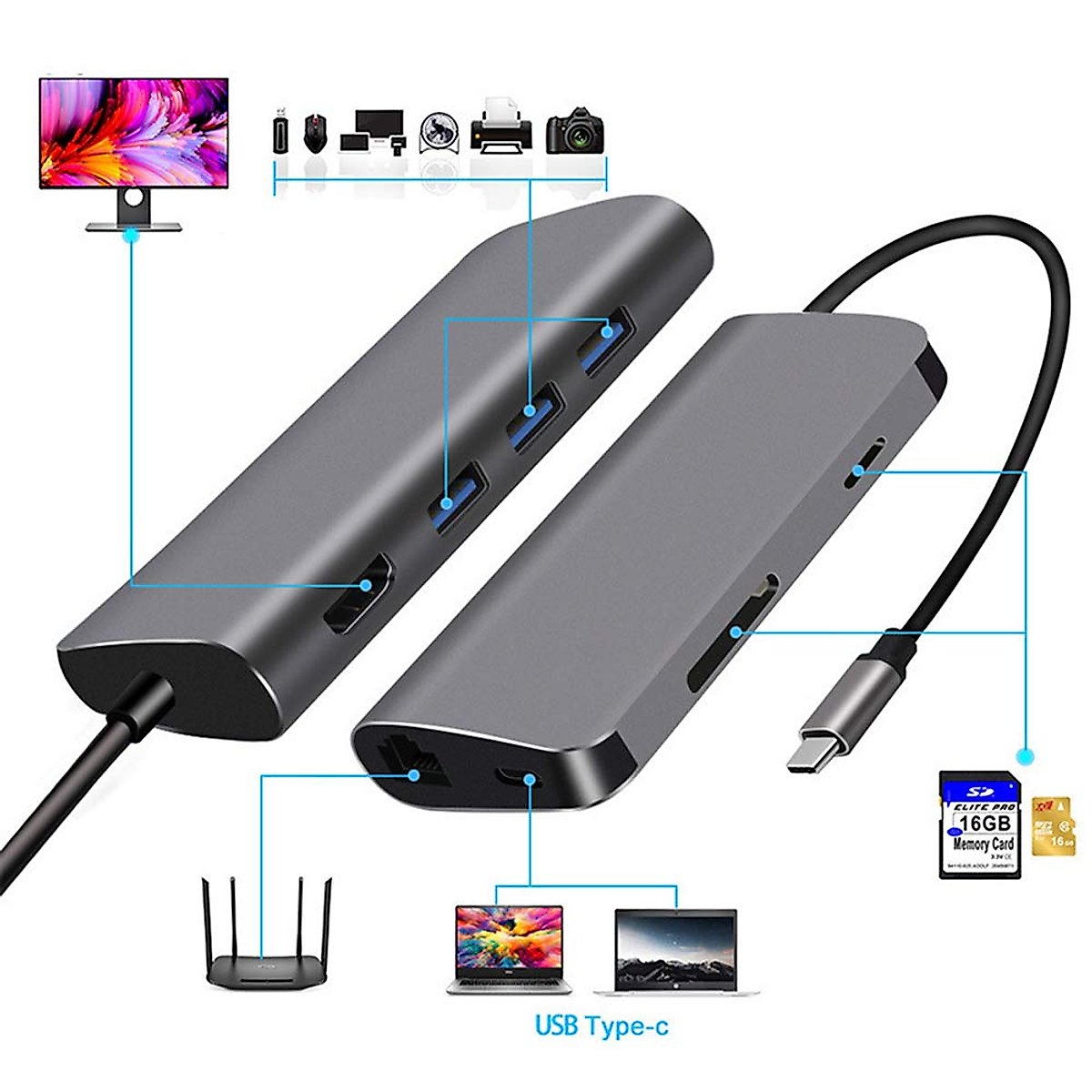 XUNMAIFHB Portable Docking Station,Type-C 8-in-1 Docking Station usb3.0 hub Computer HDMI Converter HDMI 4k, USB 3.0, SD/TF, Type-c, RJ45 Fast Transmission