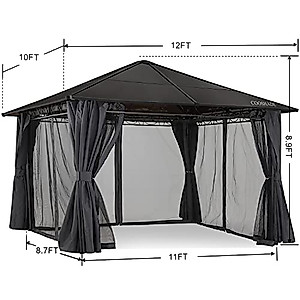 COOSHADE 10×12 Polycarbonate Roof Patio Gazebos Waterproof Outdoor Gazebo with Curtains and Mosquito Netting (Dark Grey)