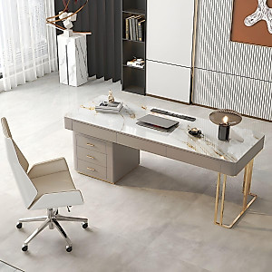 LAKIQ Modern Stone top Executive Desk with File Cabinet Storage Pedestal Home Office Desk Computer Desk Cable Management Rectangular Writing Table-Without Chair(55.1" L x 27.6" W x 29.5" H)