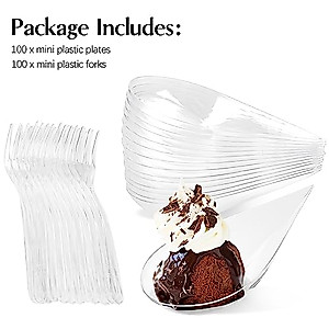 TOFLEN 100ct 4 Inch Mini Appetizer Plates with Tasting Forks - Reusable Clear Plastic Party Serving Trays Mini Plates for Appetizers and Desserts - Tear Drop Tasting Spoon Mini Dish Bowls