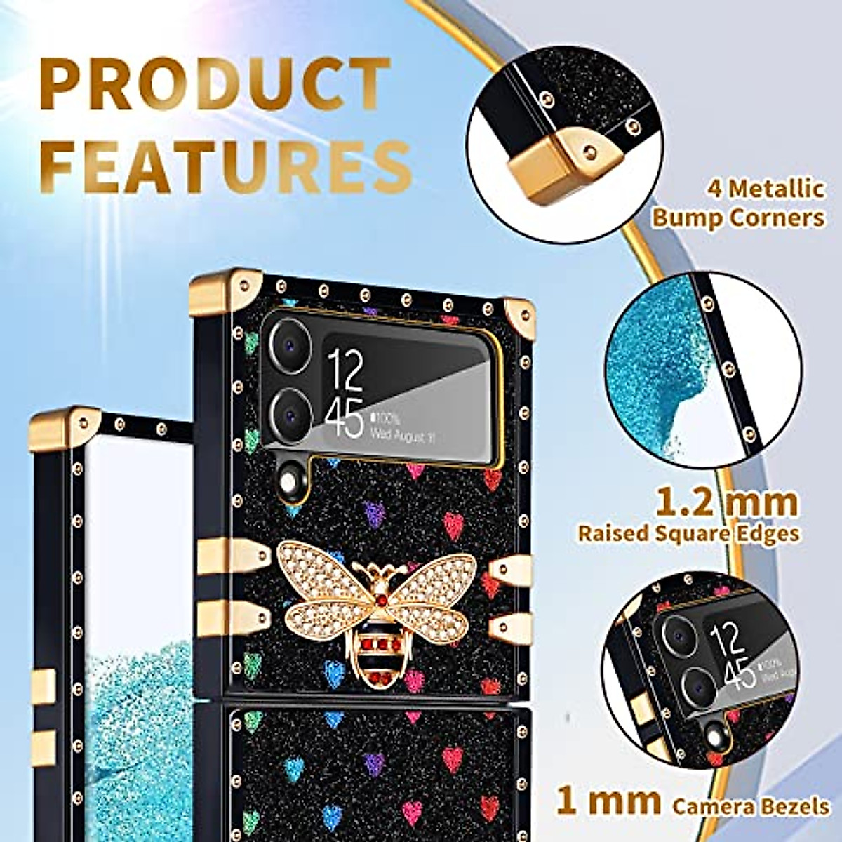 Loheckle for Samsung Galaxy Z Flip 4 Case for Women, Designer Square Cases for Galaxy Z Flip 4 Phone Case with Ring Stand Holder and Lanyard, Stylish Bee Luxury Cover for Samsung Flip 4 6.7''
