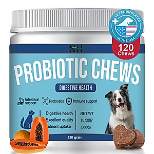 Probiotics & Enzymes Chews with Papaya | Pumpkin | Krill oi for Dogs & Cats Gut Health | No Poop Odor | Constipation | Diarrhea | Relieve Anal Gland Relief | Digestive | Immune - Vet Approved