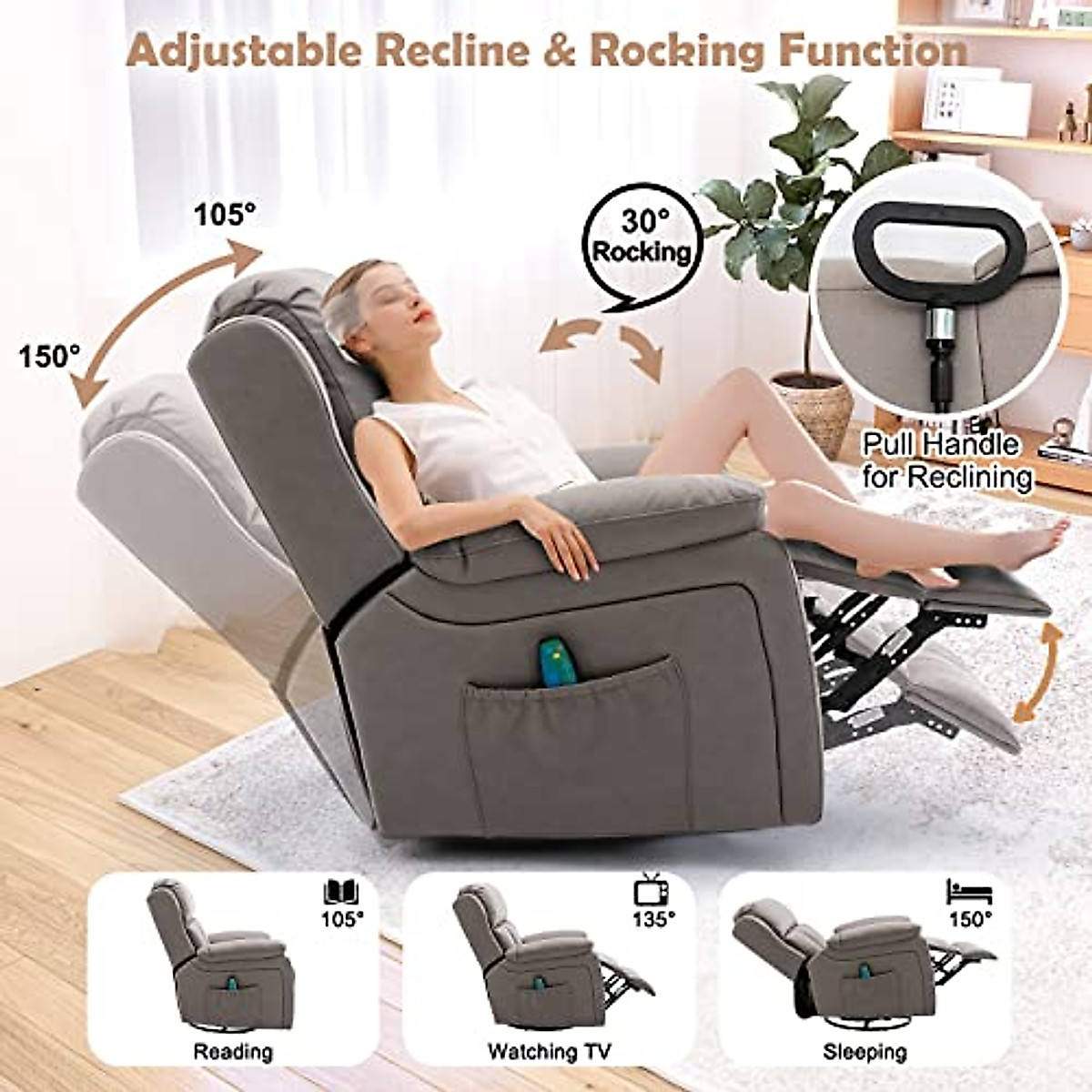 HOMREST Microfiber Technology Cloth Massage Recliner Chair with Heated, 360 Degree Swivel Rocker Recliner Chair, Leather Reclining Sofa with Side Pocket for Living Room, (Coffee)