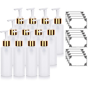 Clear Natural Large Refillable Plastic Squeeze Bottle with Gold Lotion Pump Dispenser 4 oz / 120 ml - (12 Pack) + Labels