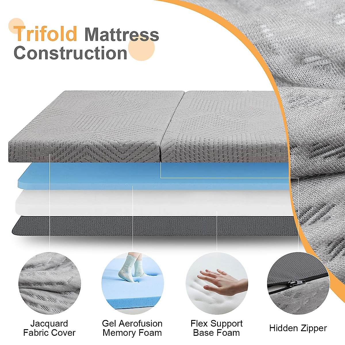 MUUEGM Tri Folding Mattress 4 Inch Twin Trifold Memory Foam Mattress Foldable Bed Mattress with Washable Cover Portable Mattress for Yoga/Camping/RV/Guest Beds,CertiPUR-US Certified,Grey