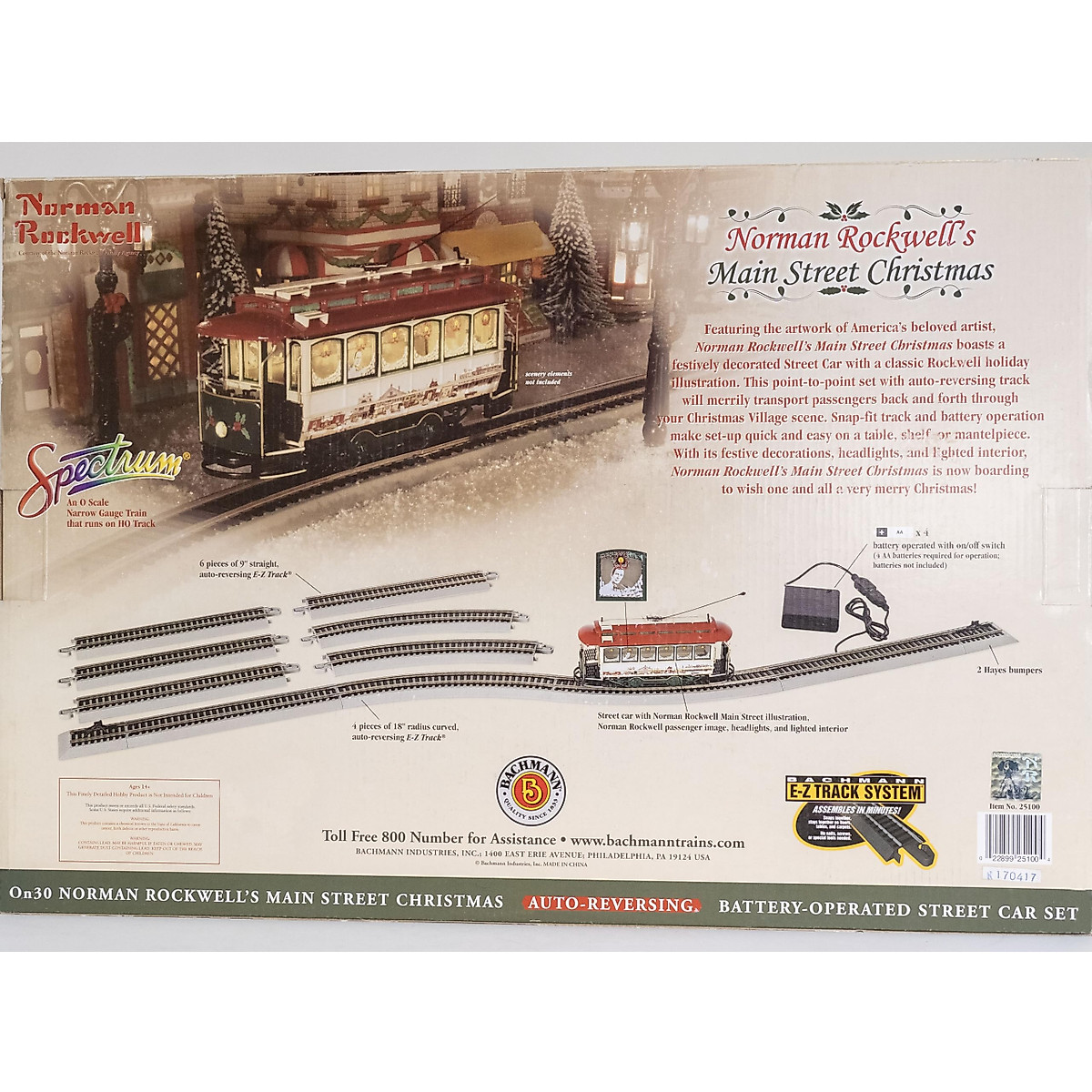 Bachmann Trains - Norman Rockwell's Main Street Christmas Battery Operated Auto Reversing Village Streetcar Set - On30 Scale - Runs on HO Track