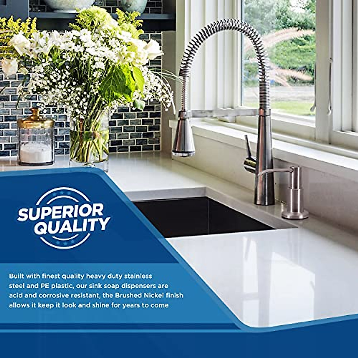 PlumBoss E1000 Built in Soap Dispenser for Kitchen Sink - Multipurpose Stainless Steel Pump with 500mL Bottle for Dish Soap, Hand Lotion, and Hand Sanitizer - Refill from The Top - Brushed Nickel