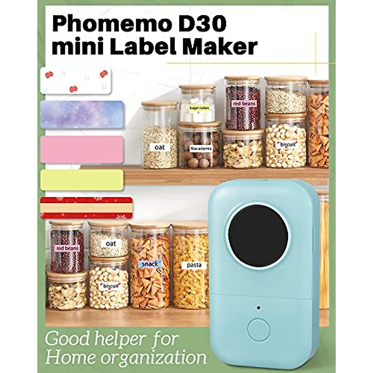 Phomemo Label Maker Machine with Tape, D30 Portable Bluetooth Label Printer for Storage, Barcode, Mailing, Office, Home, Organizing, Mini Sticker Make with Multiple Templates,with 3 Rolls,Green