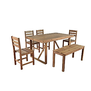 RuiSiSi 6 Piece Outdoor Dining Table Set with 4 Chairs and 1 Bench, Acacia Wood Outdoor Table and Chairs Set for 6 Persons, All Weather Patio Dining Table Set for Balcony, Backyard, Garden, Natural