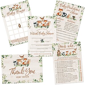 Printed Party Virtual Baby Shower by Mail, Woodland Forest Animals, Set of 5 Double-Sided Invitations, Games, Activities and Thank You Cards