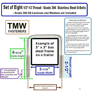 TMW - (8) 304 Stainless Steel Square U-Bolts 1/2" Diameter x 3-1/16" Inside Width x 4-5/16" Inside Height with 304 SS Lock Nuts and Washers for Boat and Utility Trailers Made in The U.S.A.