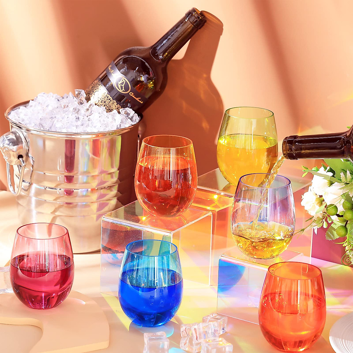 12 Pack Plastic Stemless Wine Glasses Bulk 12oz, Hot Water Safe, Reusable Rainbow Color Wine Glasses, Shatterproof Plastic No Stem Drinking Cup Glasses for Thanksgiving Christmas New Year Holiday